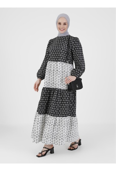 Benin Kol Ucu Lastikli Çift Desenli Elbise - Siyah - Benin Benin Kol Ucu Lastikli Çift Desenli Elbise - Siyah - Benin