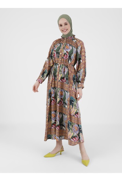 Refka Yakası Gipe Detaylı Desenli Elbise - Zümrüt Yeşili - Refka Casual Refka Yakası Gipe Detaylı Desenli Elbise - Zümrüt Yeşili - Refka Casual
