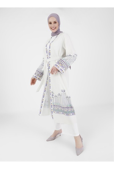 Refka Etnik Desenli Kuşak Detaylı Kap - Vanilya - Refka Casual