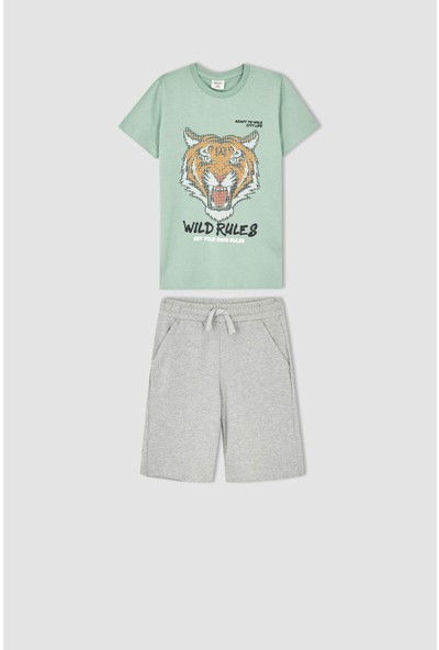 DeFacto Erkek Çocuk Regular Fit Kaplan Baskılı Pamuklu Kısa Kollu Tişört Şort Takım X9878A622SM