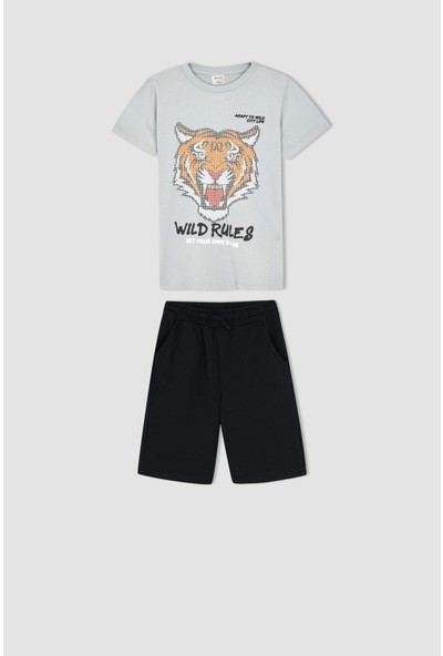 DeFacto Erkek Çocuk Regular Fit Kaplan Baskılı Pamuklu Kısa Kollu Tişört Şort Takım X9878A622SM