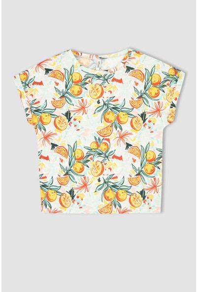 DeFacto Kız Çocuk Regular Fit Portakal Desenli Pamuklu Kısa Kollu Tişört X5683A622SM