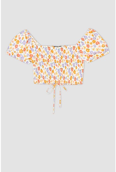 DeFacto Slim Fit Kalp Yaka Büzgü Detaylı Balon Kollu Crop BLUZ U5234AZ22HS