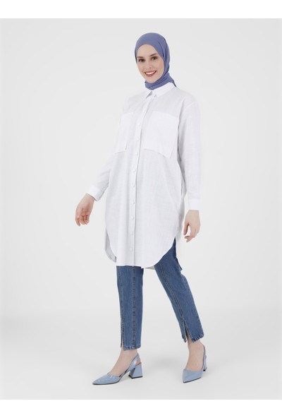 Refka Çıtçıtlı Uzun Keten Görünümlü Pamuk Tunik - Off White - Refka Casual Refka Çıtçıtlı Uzun Keten Görünümlü Pamuk Tunik - Off White - Refka Casual