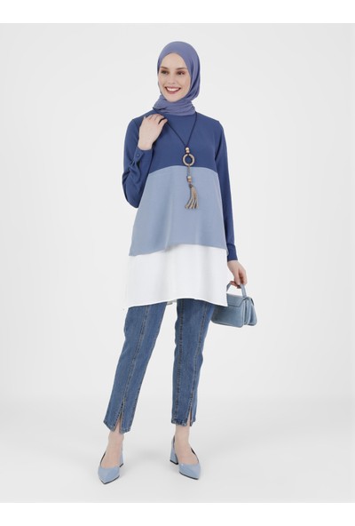 Refka Kolye Detaylı Renk Bloklu Aerobin Tunik - Koyu Indigo Açık Indigo Off White - Refka Casual Refka Kolye Detaylı Renk Bloklu Aerobin Tunik - Koyu Indigo Açık Indigo Off White - Refka Casual