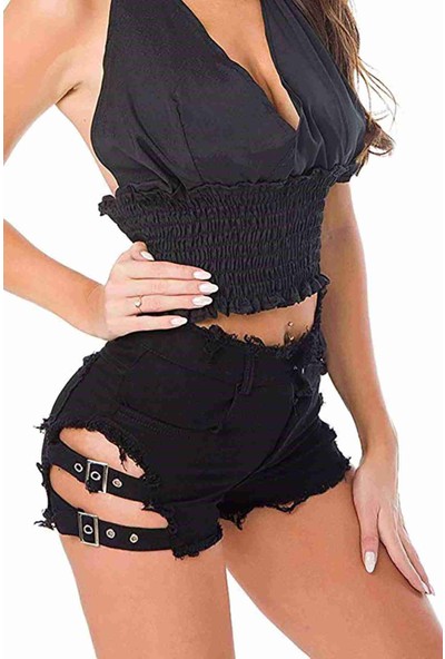 Mila Yan Dekolte Detaylı Denim Kot Şort Siyah