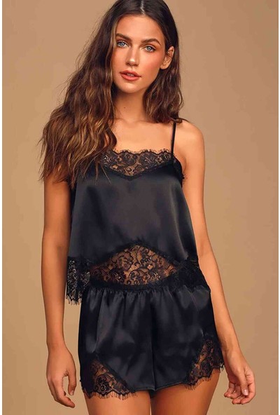 Mila Dantel Işlemeli Saten Şortlu Pijama Takım Siyah