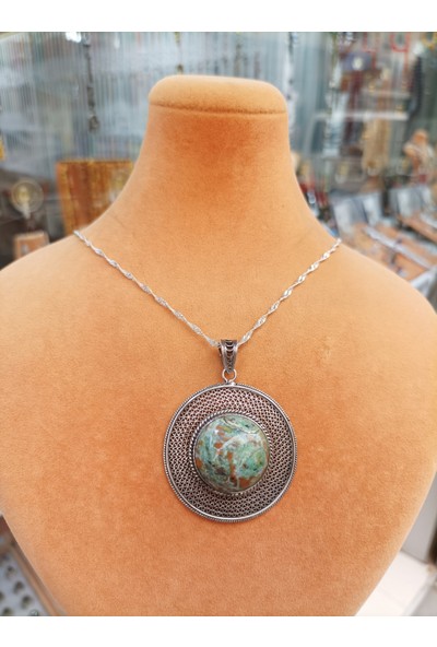 Firuze Gümüş Telkari Kök Zümrüt Taşlı Otantik Gümüş Kolye