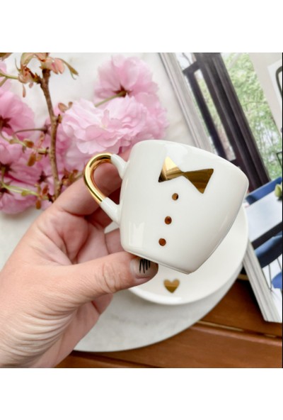 Mug Tasarım 24K Altın Yaldızlı Papyon'lu Porselen Türk Kahvesi Fincanı