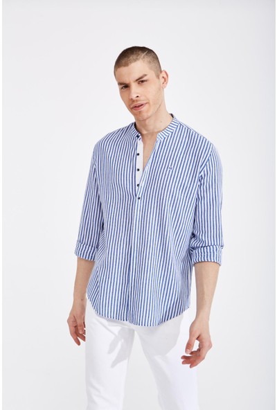 Hobi Club Hakim Yaka Gizli Pat Şile Bezi Çizgili Gömlek
