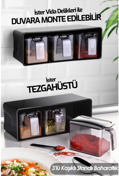 Üçlü Kaşıklı Standlı Baharatlık Seti - Duvara Asılabilen Baharatlık - 3'lü Kaşıklı Baharatlık