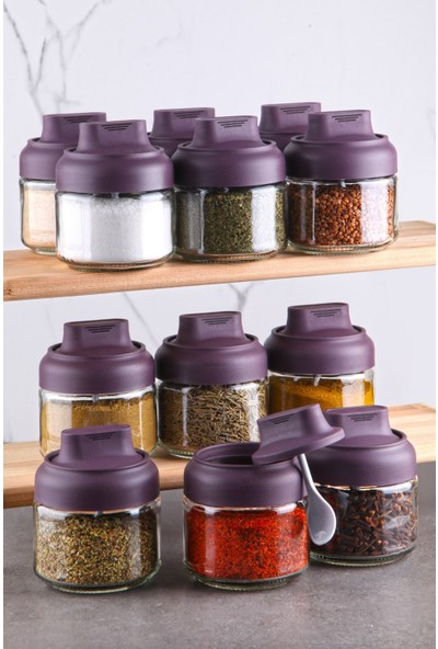 12 Adet Mat Kapaklı Kendinden Kaşıklı Baharatlık Seti - 300 ml - Cam Kavanoz - Baharatlık