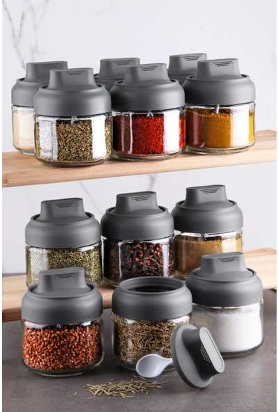 12 Adet Mat Kapaklı Kendinden Kaşıklı Baharatlık Seti - 300 ml - Cam Kavanoz - Baharatlık