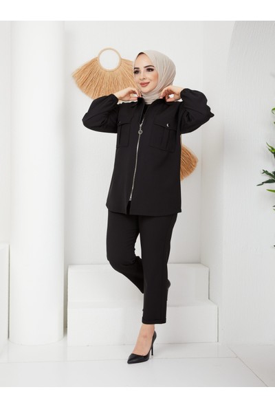 Trend Lalissa Kadın Tesettür Önü Fermuarlı Cepli Tunik Pantolonlu Ikili Takım Trend Lalissa Kadın Tesettür Önü Fermuarlı Cepli Tunik Pantolonlu Ikili Takım