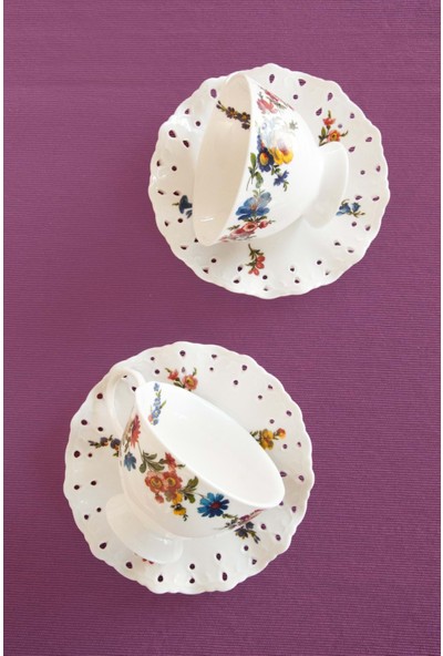 Bursa Porselen Dekor Dantel Çiçek 2 Kişilik Porselen Çay Fincanı