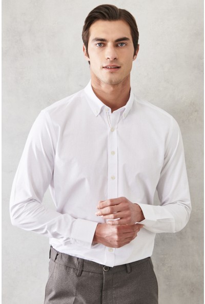 AC&Co / Altınyıldız Classics Slim Fit Düğmeli Yaka %100 Pamuk Düz Casual Gömlek