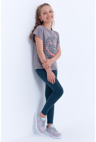 Tommy Life Gri - Orman Yeşil Emoji Baskılı Oversize O Yaka Kız Çocuk Tayt Takım - 75062