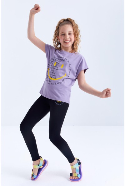 Tommy Life Eflatun - Siyah Emoji Baskılı Oversize O Yaka Kız Çocuk Tayt Takım - 75062