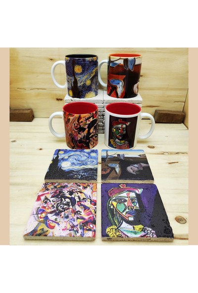 Harikapoli Van Gogh, Dali, Picasso, Kandinsky İçi Renkli Kupa ve Traverten Bardak Altlığı 4'lü Hediyelik Set Harikapoli Van Gogh, Dali, Picasso, Kandinsky İçi Renkli Kupa ve Traverten Bardak Altlığı 4'lü Hediyelik Set