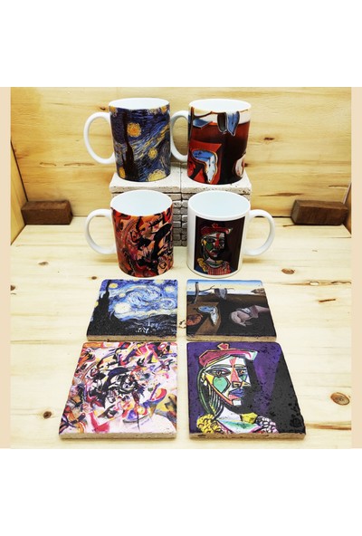 Harikapoli Dali, Van Gogh, Picasso, Kandinsky Tasarımlı 4'lü Kupa Bardak Mug ve Taş Bardak Altlığı Seti Harikapoli Dali, Van Gogh, Picasso, Kandinsky Tasarımlı 4'lü Kupa Bardak Mug ve Taş Bardak Altlığı Seti
