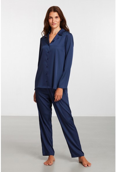 Penye Mood Lacivert Saten Pijama Takım