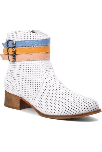 Venüs Beyaz Hakiki Deri Kadın Fermuarlı Bot