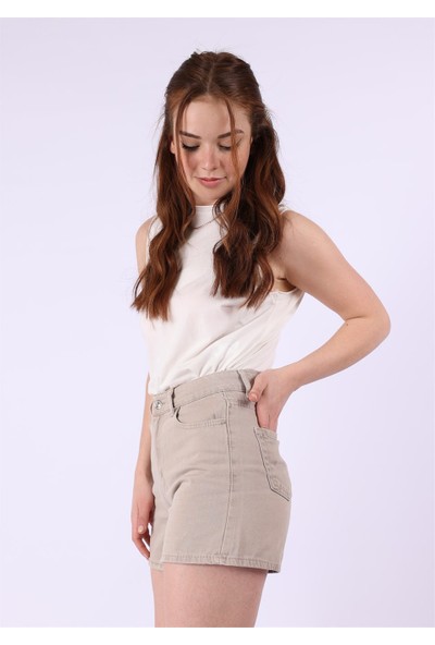 Yüksek Bel Klasik Kısa Şort - Bej