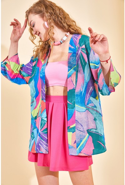 Xhan Lila Desenli Salaş Kimono 2YXK4-46145-26 Xhan Lila Desenli Salaş Kimono 2YXK4-46145-26