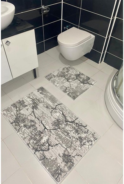 Edremit Gri Kaymaz Taban 2'li Banyo Paspas Seti