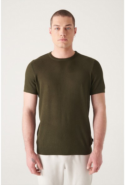 AVVA Erkek Haki Bisiklet Yaka Jakarlı Kazak E005010