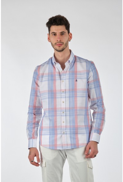 Porto Cervo Düğmeli Yaka Kareli Uzun Kollu Mavi-Kırmızı Erkek Gömlek 221220242