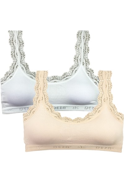 Royaleks 2 Adet Dantel Nakış Işlemeli Pedli Bambu Kadın Büstiyer Beyaz Krem
