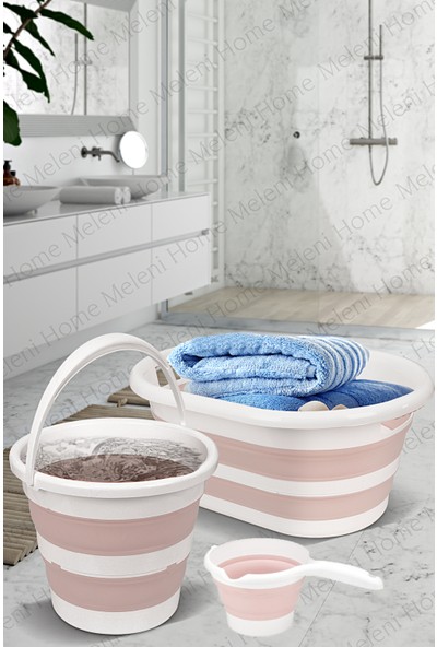 Meleni Home 3'lü Set Katlanır Çamaşır Sepeti - Katlanabilir Akordiyon Su Kovası - Katlanır Koçero Pembe Meleni Home 3'lü Set Katlanır Çamaşır Sepeti - Katlanabilir Akordiyon Su Kovası - Katlanır Koçero Pembe