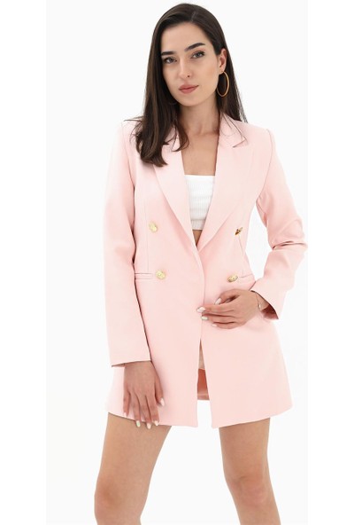 VprModa Omuzları Vatkalı Önü Çıtçıtlı Atlas Kumaş Kadın Blazer Ceket - Somon VprModa Omuzları Vatkalı Önü Çıtçıtlı Atlas Kumaş Kadın Blazer Ceket - Somon