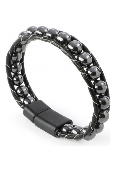 Gülüş Gümüş Hematit Doğal Taşlı Deri Bileklik