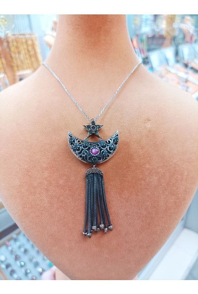 Firuze Gümüş Otantik Yöresel Bayraklı Yakut ve Zümrüt Taşlı Samba Gümüş Kadın Kolyesi