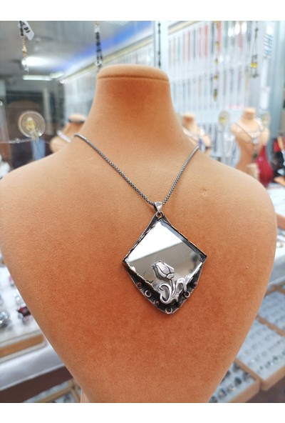 Firuze Gümüş Lale ve Aynalı Özel Yapım Otantik Gümüş Kadın Kolye