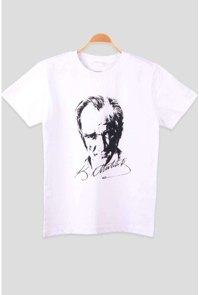 Royaleks Atatürk ve Imzası Baskılı Yuvarlak Yaka Penye Çocuk Genç Beyaz T-Shirt