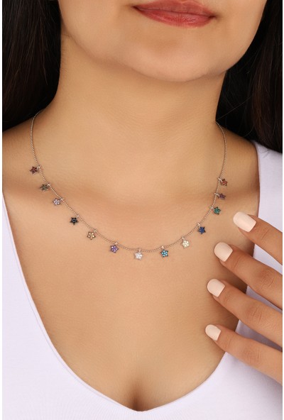 Lia Berto Renkli Taşlı Sıralı Yıldızlar 925 Ayar Gümüş Kolye