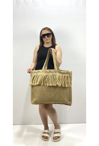 Nazhira Tekstil Jüt Püsküllü Plaj Çantası