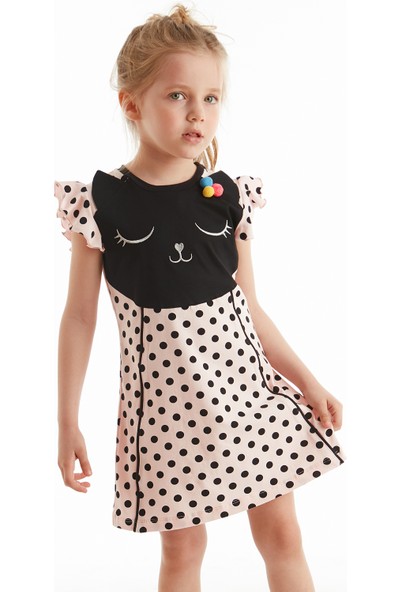 Denokids Ponpon Puanlı Kedi Kız Elbise