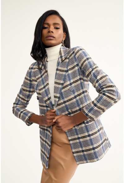 Sateen Düğme Detaylı Ekose Ceket - Sax Mavi