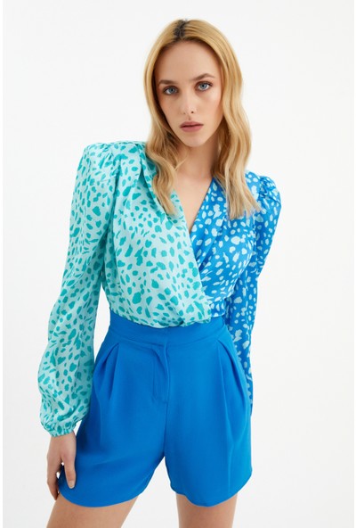 Sateen Kruvaze Desenli Bodysuit - Mint-Mavi Sateen Kruvaze Desenli Bodysuit - Mint-Mavi