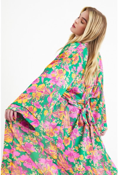 Sateen Desenli Kuşaklı Kimono - Yeşil