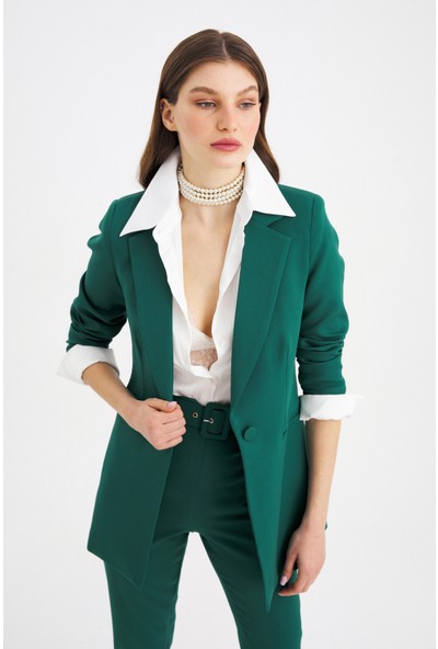 Sateen Mono Yaka Klasik Ceket - Zümrüt