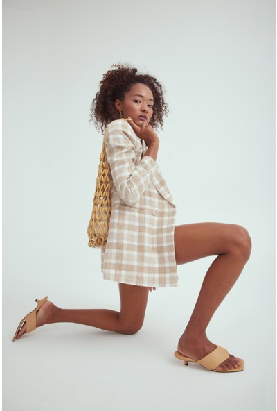 Sateen Ekoseli Salaş Ceket - Bej