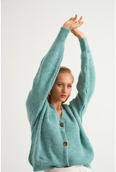 Sateen Düğmeli Salaş Hırka - Mint