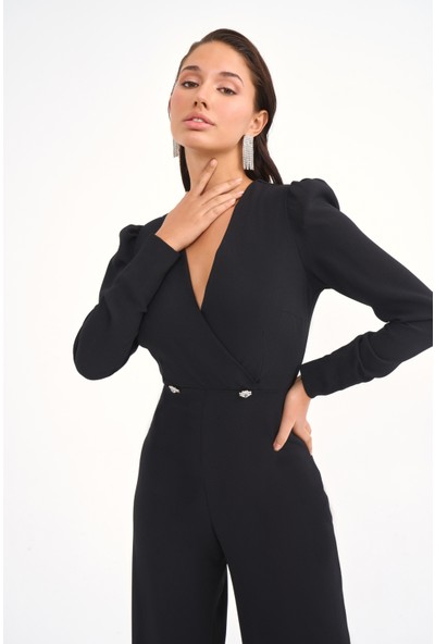 Sateen Kruvaze Taş Detaylı Krep Tulum - Siyah