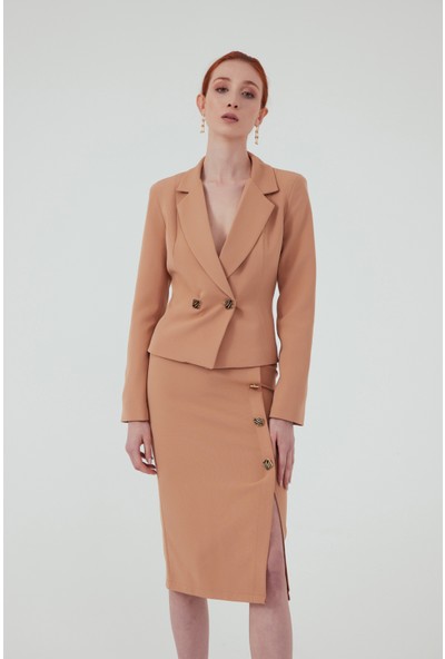 Sateen Gold Süs Düğme Kalem Etek - Camel Sateen Gold Süs Düğme Kalem Etek - Camel