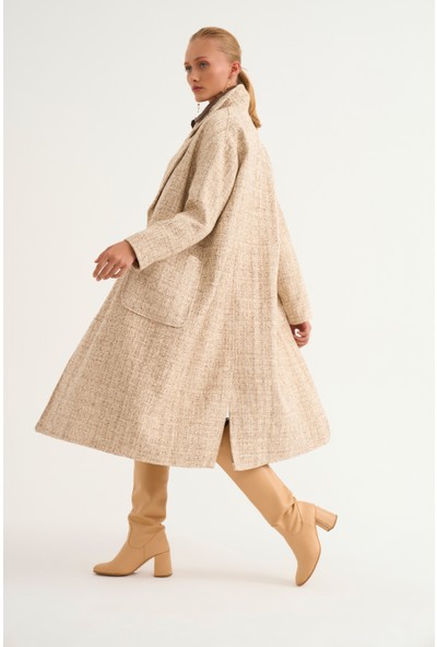 Sateen Cepli Kırçıllı Oversize Kaban - Kahve Sateen Cepli Kırçıllı Oversize Kaban - Kahve
